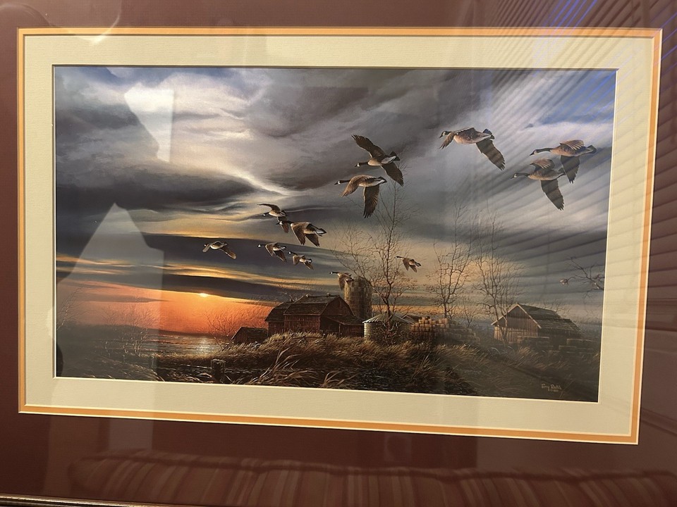 TERRY REDLIN PRINT ‘SILENT SUNSET’ Wildlife Geese Pond Red Barn Framed Matted | eBay