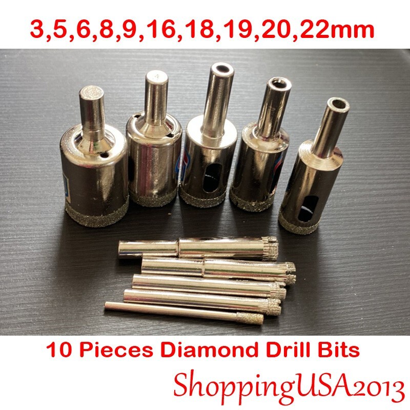 10Pcs 3-22mm Diamond Drill Bits Set Hole Saw Cutter Tool Glass Marble ...