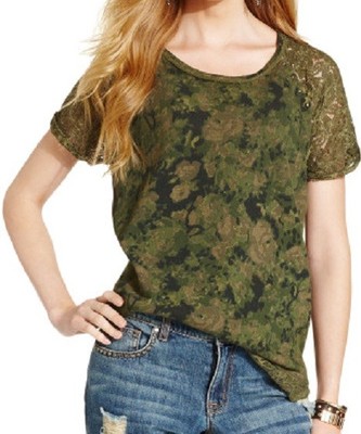 Jessica Simpson Green Camo Rose Krista Printed S/S Lace Raglan Top, S ...