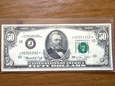 1974 Miscut $50 *Star note with Low Birthday Serial Number #J00301202 ...