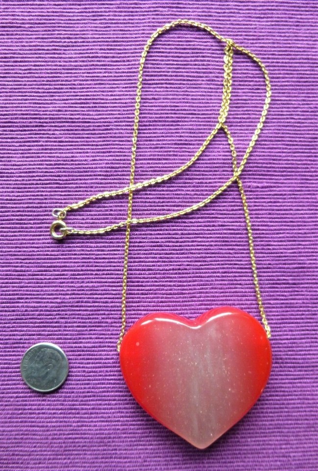 VTG BIG RED LUCITE HEART SHAPE PENDANT & 22.75" GOLD TONE CHAIN ~ MADE ...