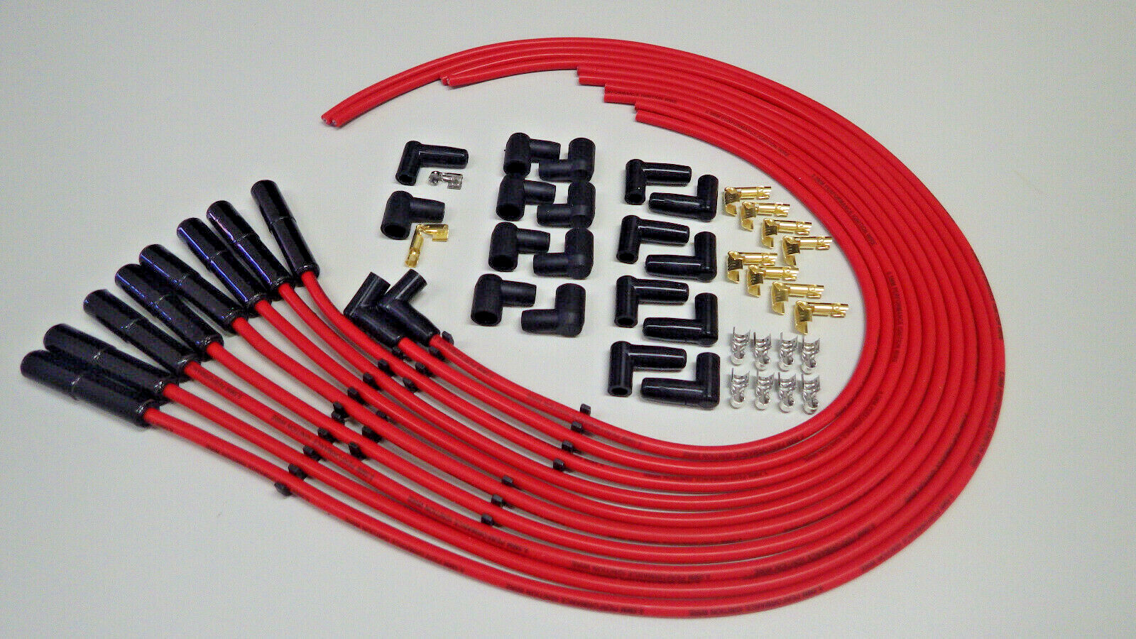 UNIVERSAL 8.5MM RED SPARK PLUG LEADS BLACK CERAMIC BOOT CHEV FORD ETC ...