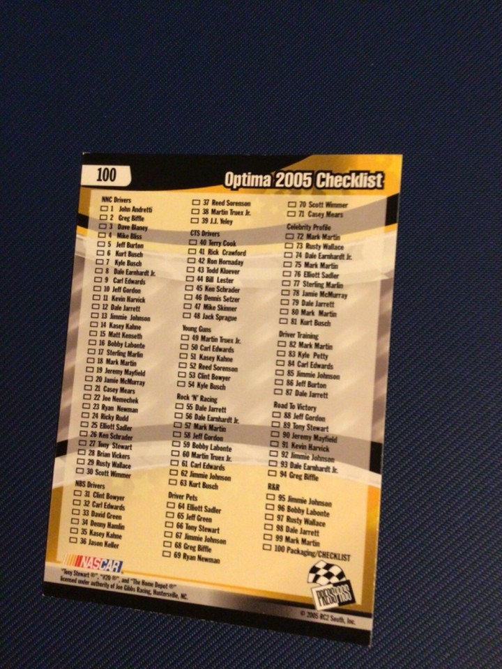 2005 Press Pass Optima Tony Stewart Checklist Card | eBay