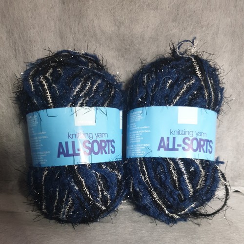 2 Balls All-Sorts Knitting Yarn, Navy Blk And Silver 50g ea made for ...
