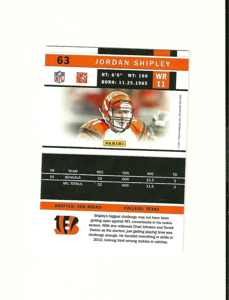 2011 Score Scorecard #63 Jordan Shipley Cincinnati Bengals Texas ...
