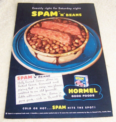 1945 Hormel SPAM Ad - Exactly Right for Saturday Night - Spam 'n Beans ...