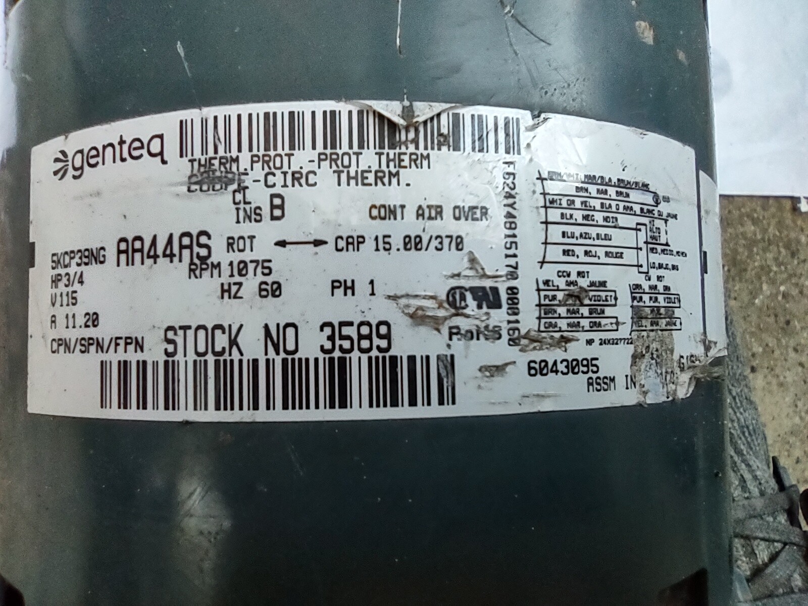 GENTEQ 5KCP39NGAA44AS FAN ELECTRIC MOTOR 3/4 HP 115 VOLTS 1075 RMP | eBay