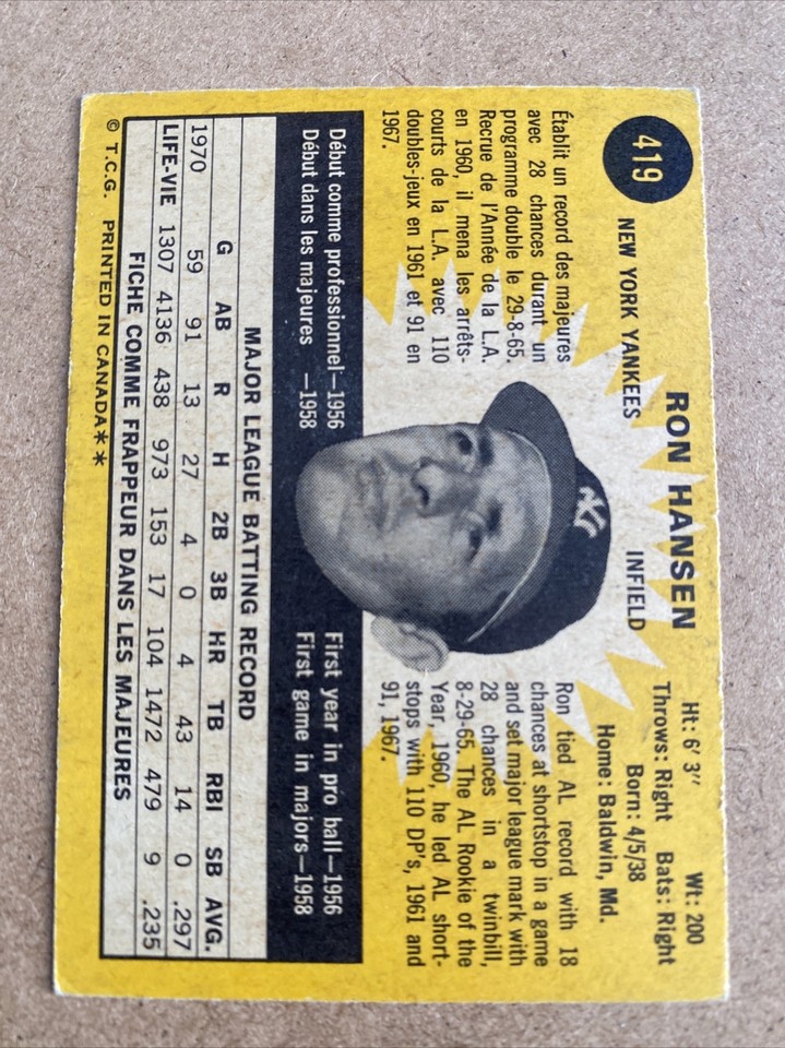 1971 OPC O-Pee-Chee Baseball #419 Ron Hansen AUTOGRAPHED Card New York ...