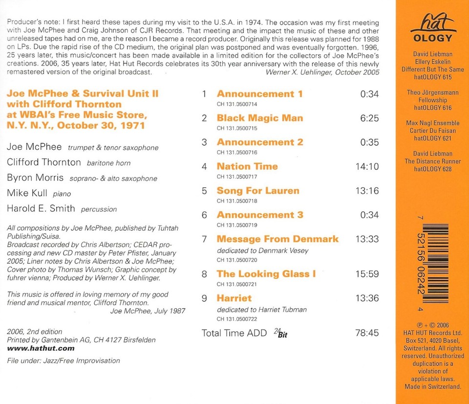 JOE MCPHEE & SURVIVAL UNIT II with CLIFFORD THORNTON "N.Y. 1971" (CD ...