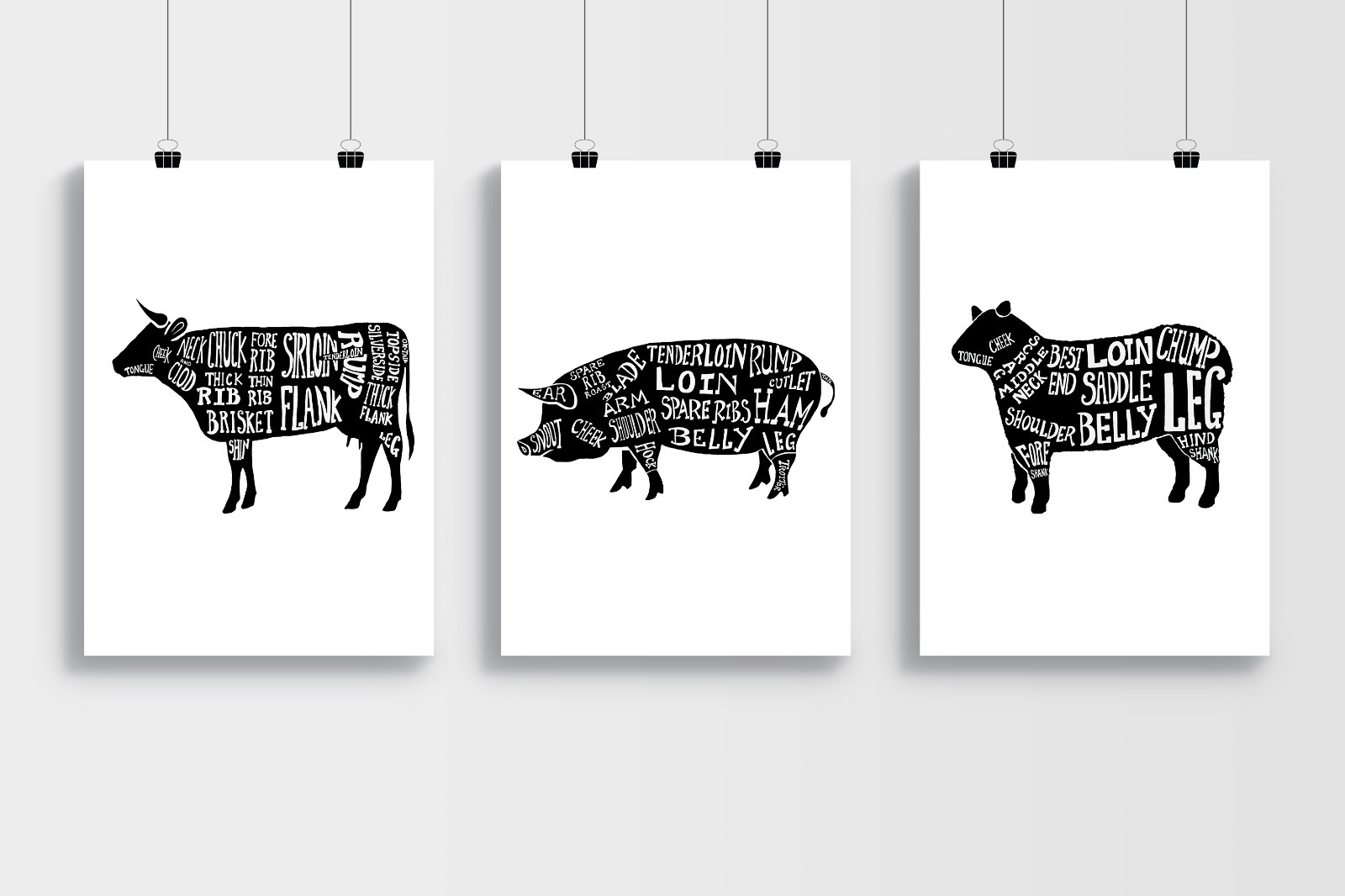 Butchers Meat Cuts Diagrams Posters - Lamb , Cow , Pig - A3 A4 Black ...