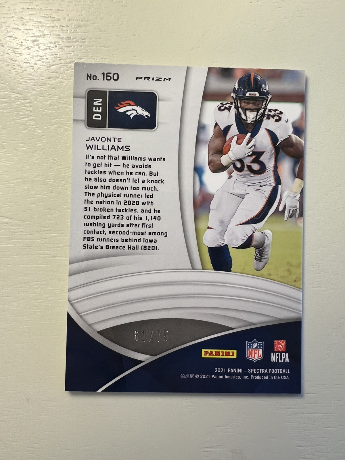 🐎 2021 Panini Spectra /75 HYPER Prizm ROOKIE - Javonte Williams #160 RC ...