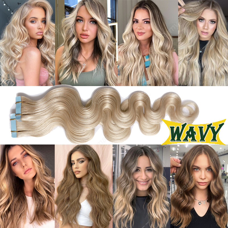 GREY Super Russian Tape In Real Remy Human Hair Extensions Wavy Skin ...