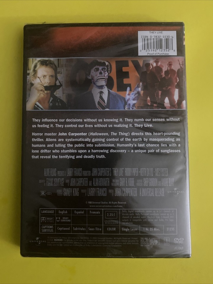 THEY LIVE (DVD 1998) JOHN CARPENTER [DIR] RODDY PIPER - BRAND NEW FREE ...