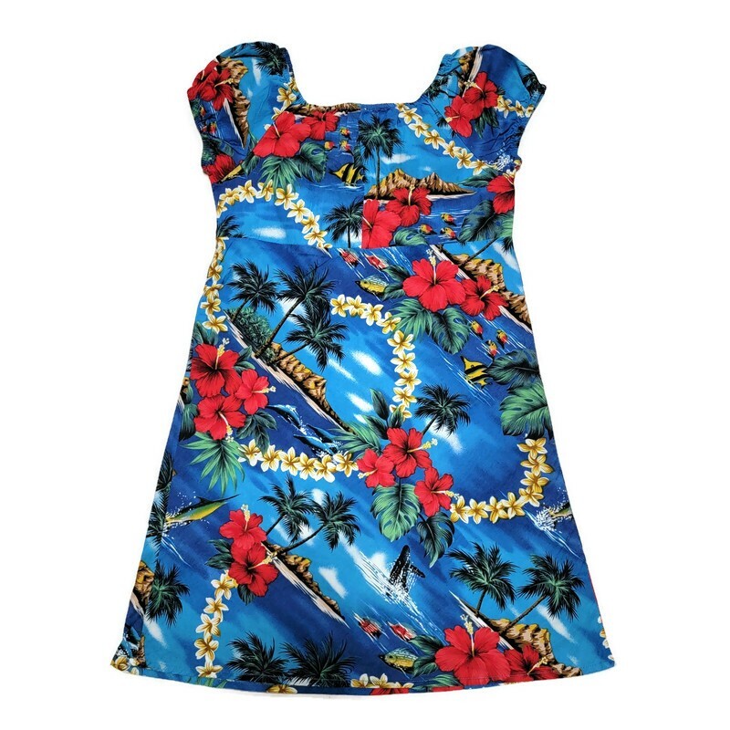 HILO HATTIE Hawaiian Original Girls Sundress Blue Island Flower Print ...