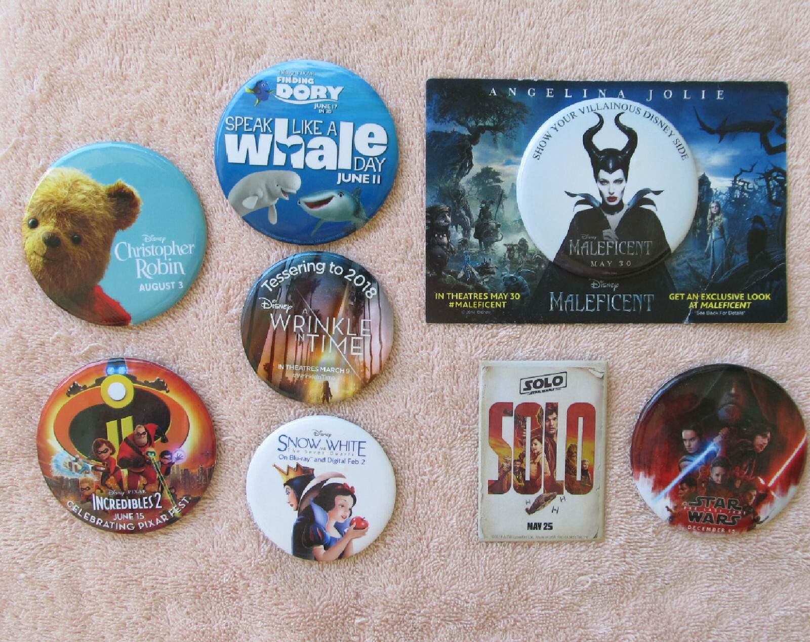 8 Disney Movie Buttons Snow White, Maleficent, Solo, Star Wars, Dory ...