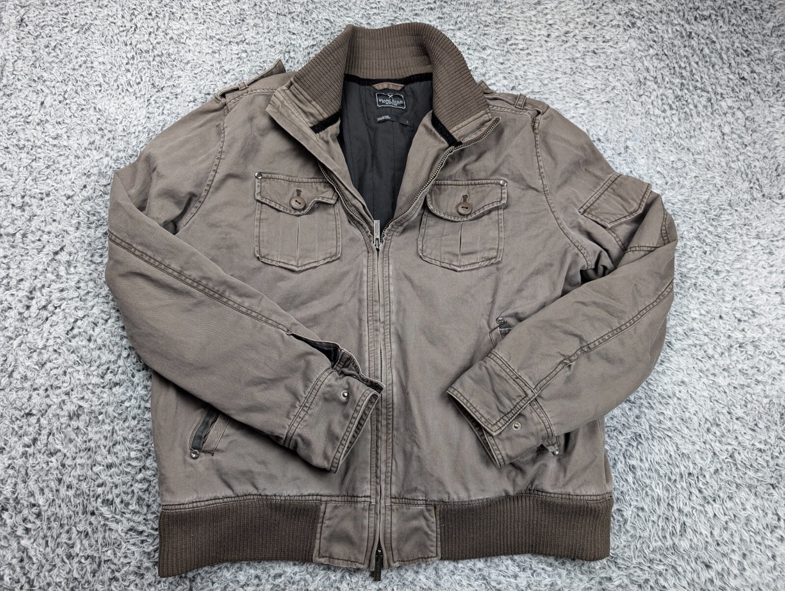 Marc Ecko Jacket Mens Large Brown Bomber Cargo Pockets Coat Full Zip ...