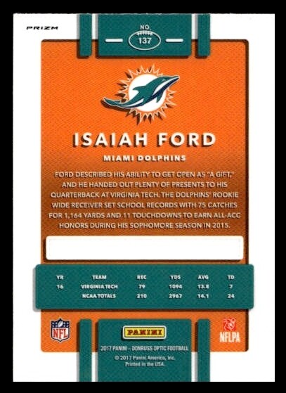 2017 Donruss Optic #137 Isaiah Ford Rookie Dolphins Red and Yellow | eBay