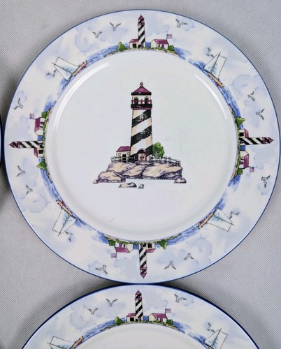 Vintage Stoneware Coastal Lighthouse Dinner Plates 10.5'' Nautical -Set ...