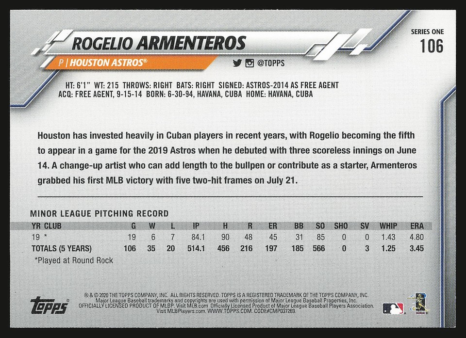 2020 Topps #106 Rogelio Armenteros RC | eBay