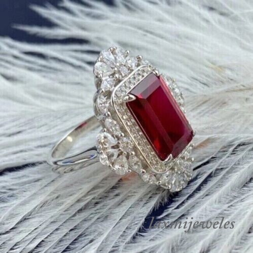 3CT Emerald Cut Genuine Red Garnet Engagement Wedding Ring 14K White ...