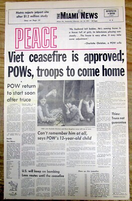 1973 headline newspaper THE VIETNAM WAR ENDS for the US as PEACE TREATY ...