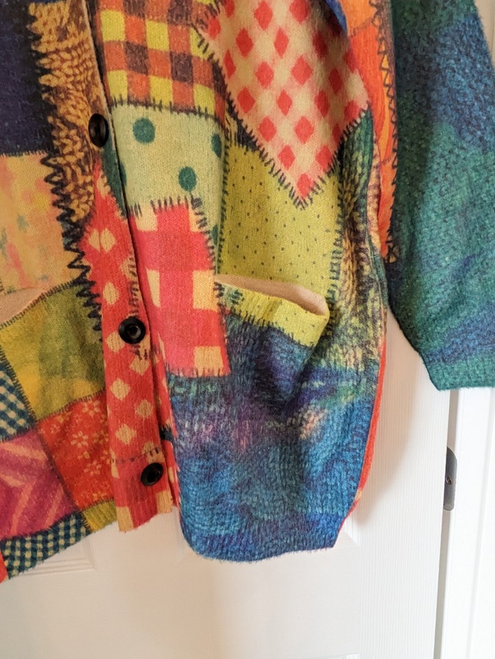 YESNO Women XXL Patchwork Quilt Sweater Graphic Oversized Cardigan ...