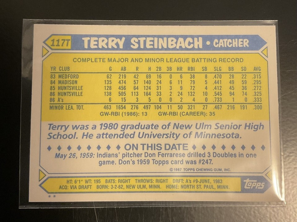 1987 Topps “Trade Series” Terry Steinbach (rookie) #117T | eBay