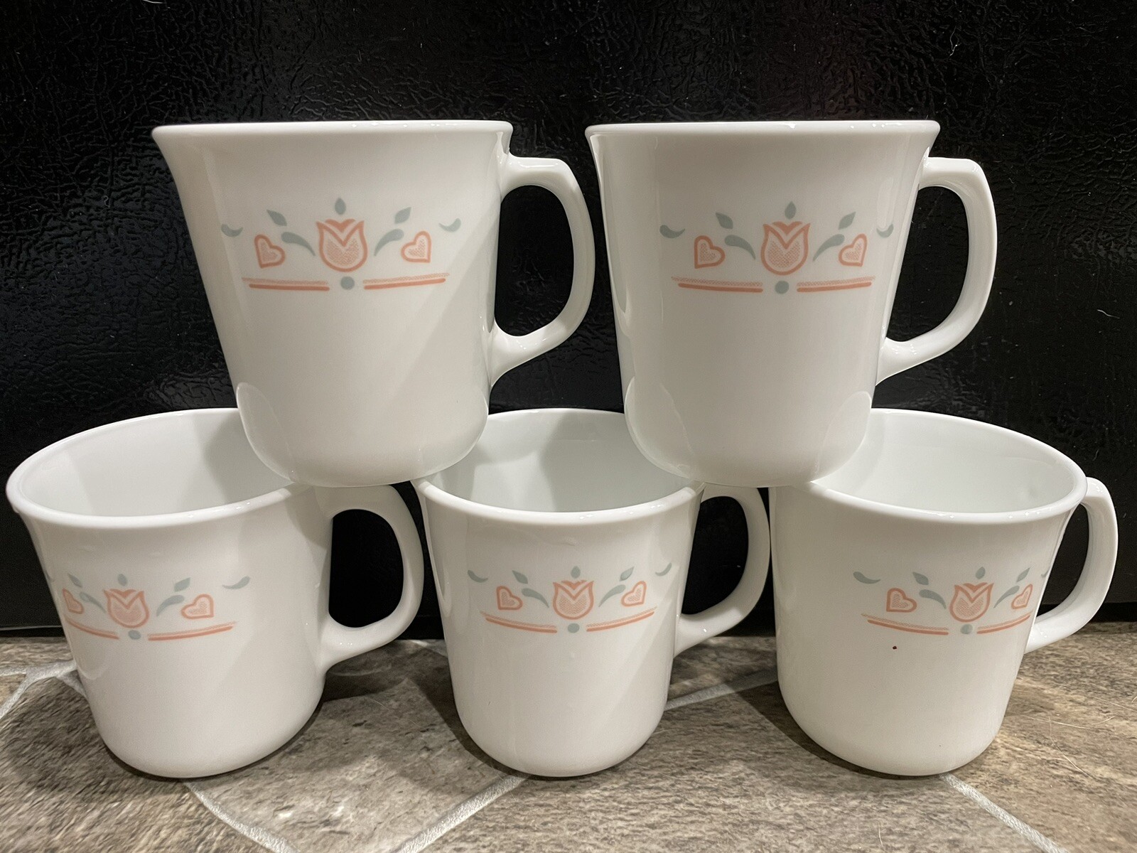 4+1 5 Corelle CUPS MUGS Dutch Lattice TULIPS White Gray Pink FLOWERS ...