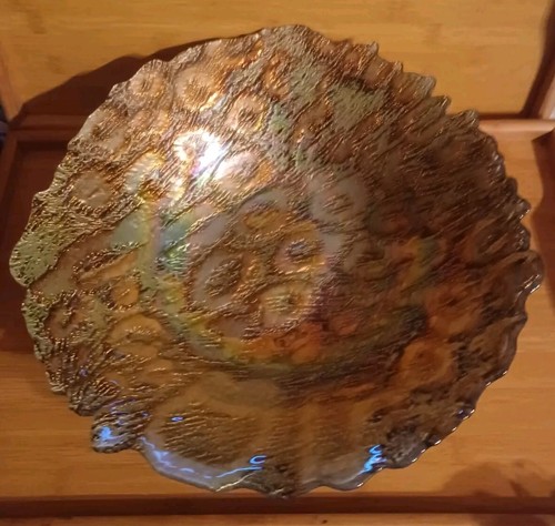 Arda Decorative Gold Iridescent Art Glass Bowl Peacock Pattern 15” W | eBay