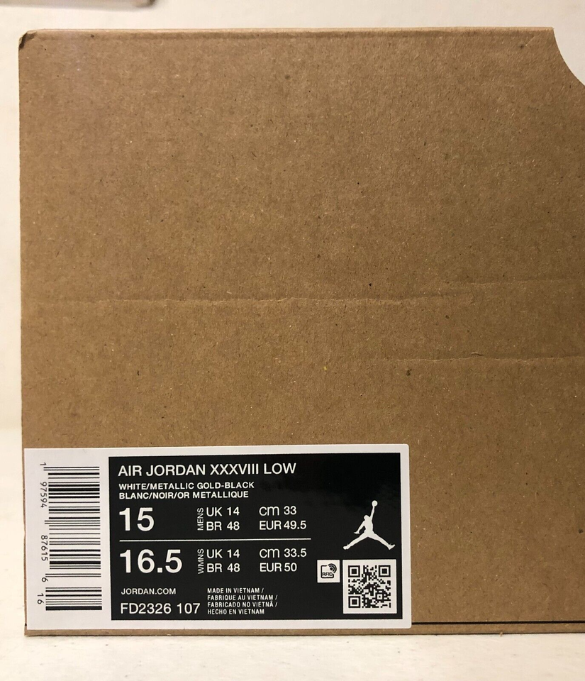 Nike Air Jordan XXXVIII Low White Metallic Gold Black FD2326-107 Size ...