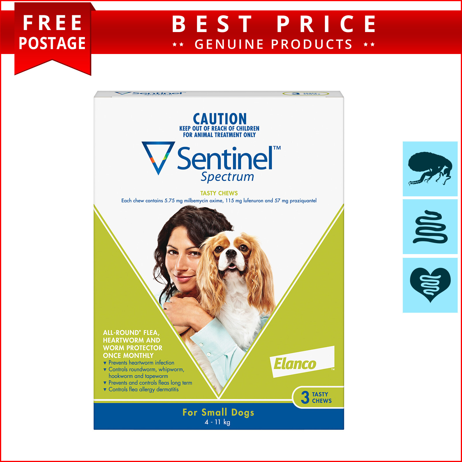 SENTINEL Spectrum GREEN Flea Heartworm Control 3,6,12 Doses for 4 to 11 ...