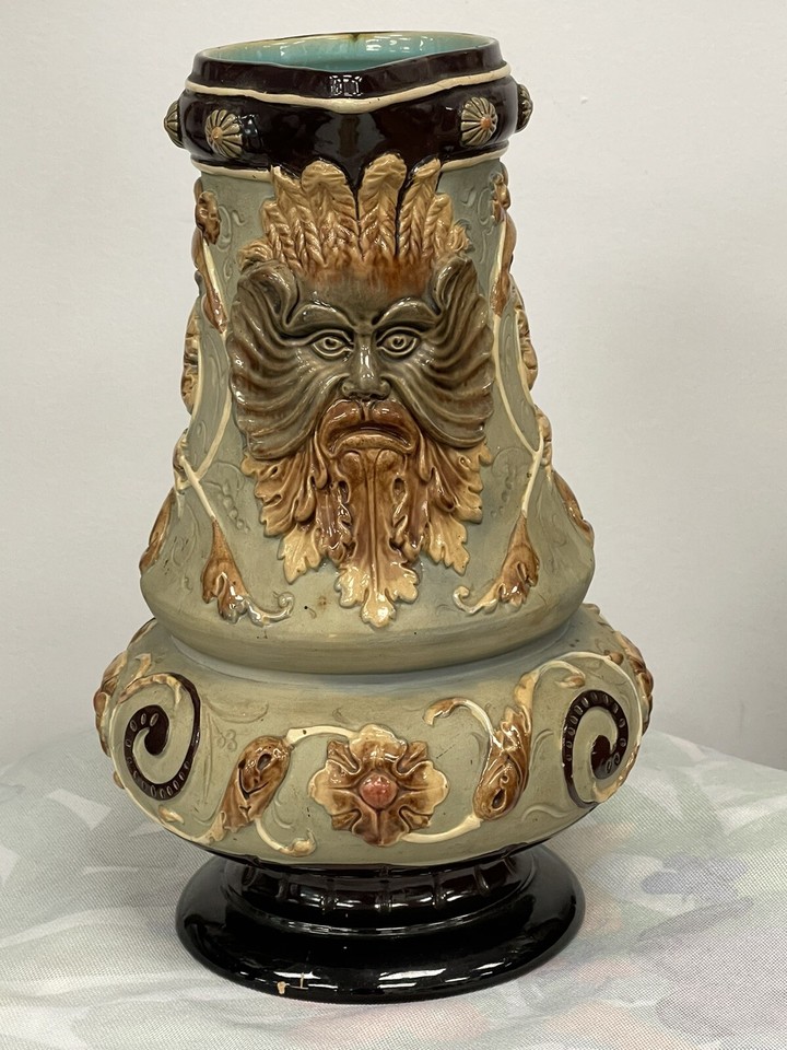 ANTIQUE WILHELM SCHILLER MAJOLICA VASE GOTHIC NEPTUNE POSEIDON HANDLED ...