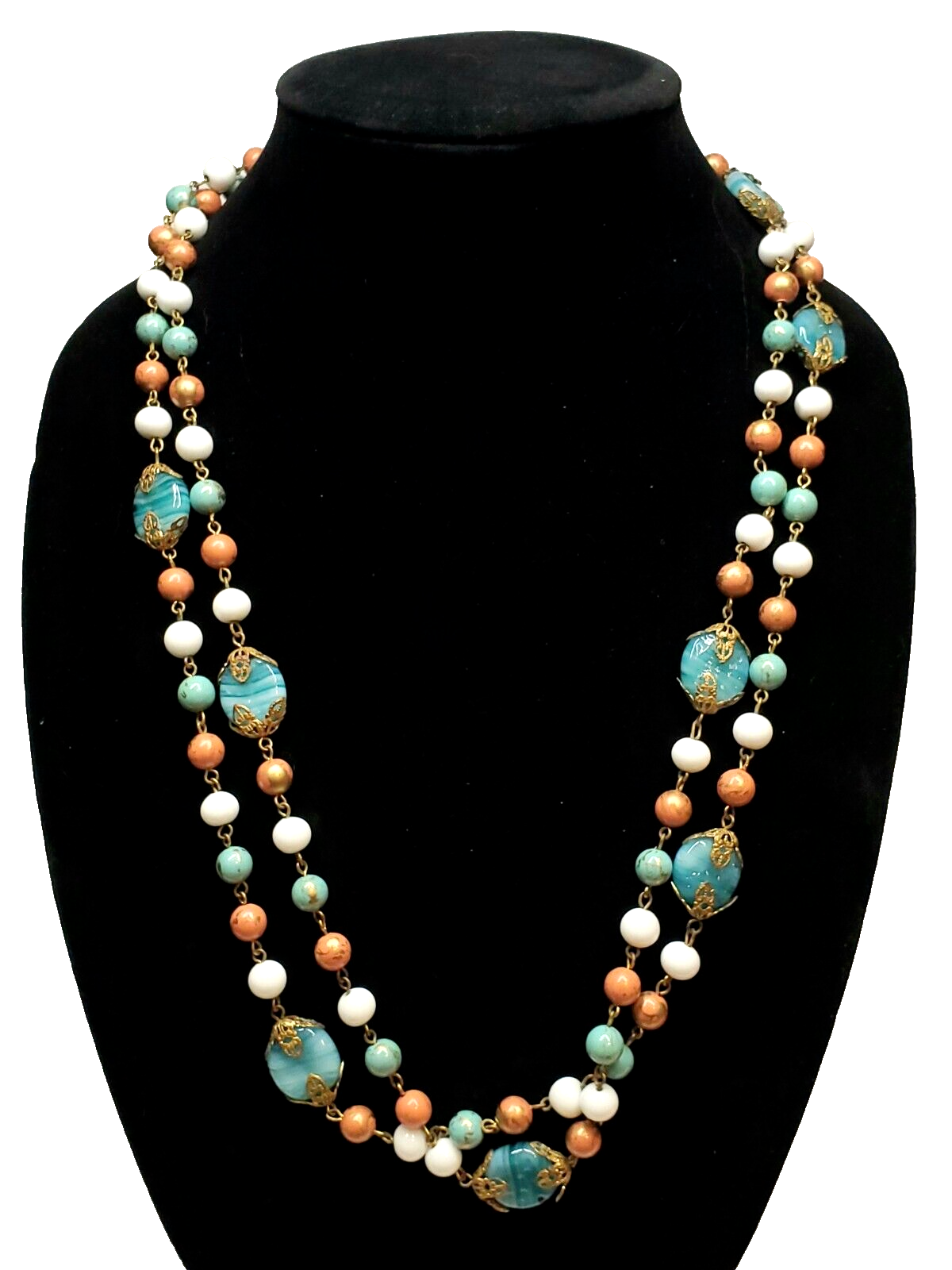 Vintage Miriam Haskell Turquoise Art Glass Brass Filigree Beaded Opera ...