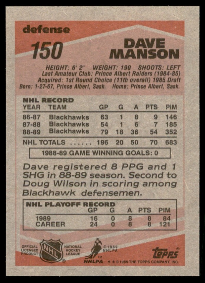 1989-90 TOPPS DAVE MANSON RC CHICAGO BLACKHAWKS #150 | eBay