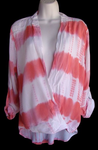 KORI AMERICA Pink White Batik Print Surplice Front Gauzy Top Blouse ...