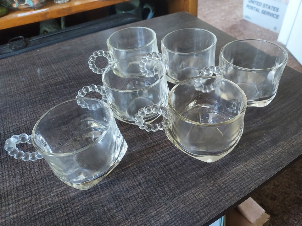 Vintage 6 Hazel Atlas Orchard Crystal Clear Punch Cups Beaded Handle | eBay