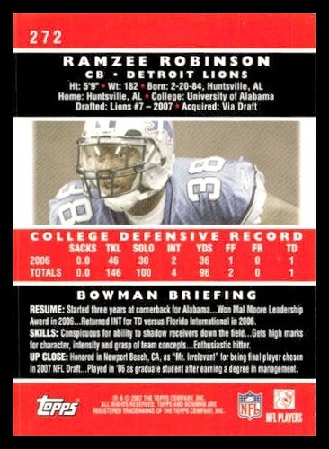 2007 Bowman #272 Ramzee Robinson Rookie Detroit Lions | eBay