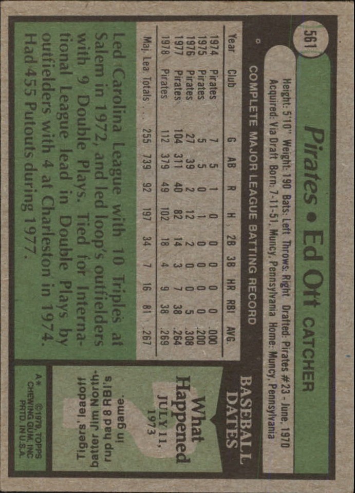 1979 Topps Pittsburgh Pirates Baseball Card #561 Ed Ott - VG | eBay