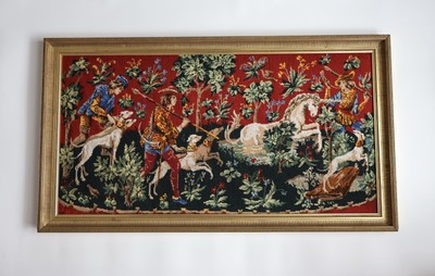 Huge Vintage Medieval Tapestry Completed Needlepoint Gold Frame 45” X ...