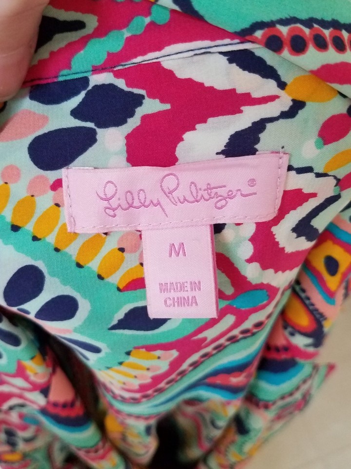 Lilly Pulitzer "Boston Top Ikat" Pattern long sleeve jeweled button Sz ...