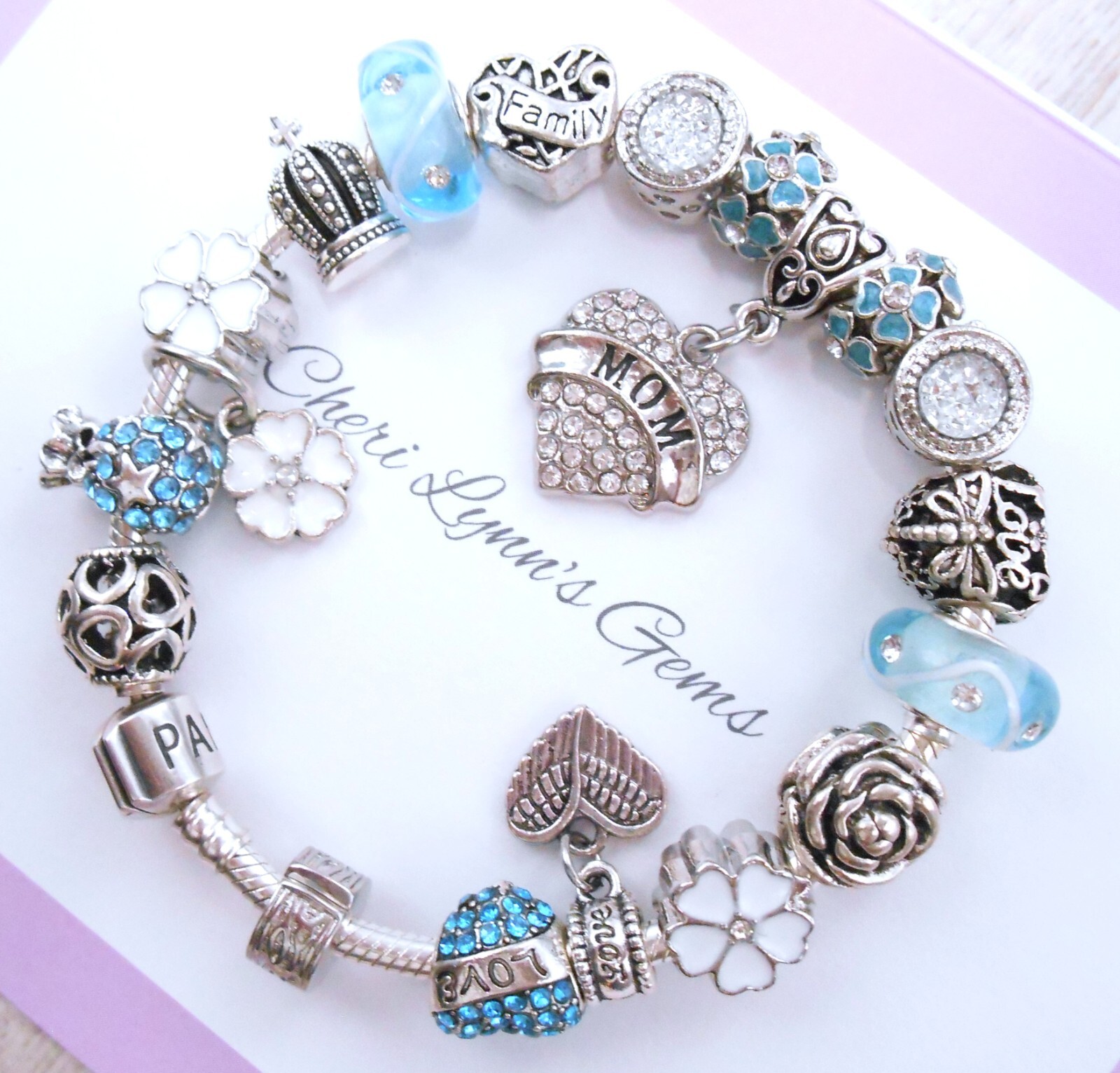 MOM STERLING SILVER CHARM BRACELET MOTHER PAVE CRYSTAL HEART CHARMS ...