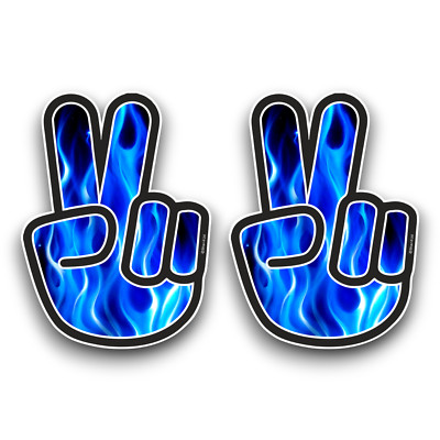 2x Cool Blue Fire Flames Peace Hand Sign Hippie Vinyl Car Sticker ...