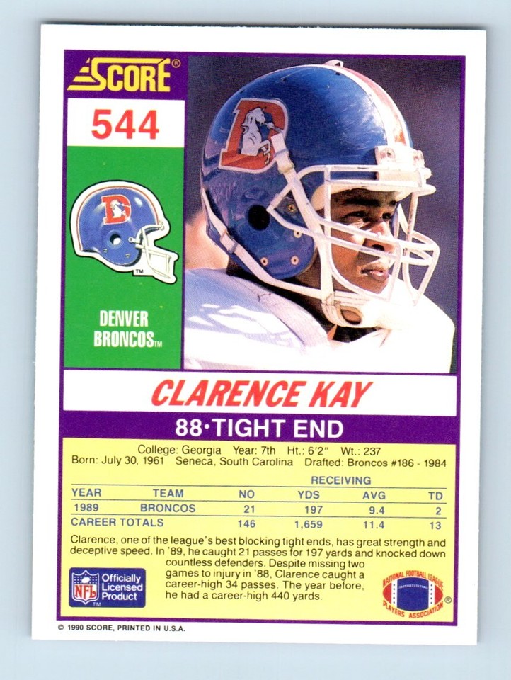 1990 Score Clarence Kay Denver Broncos #544 | eBay