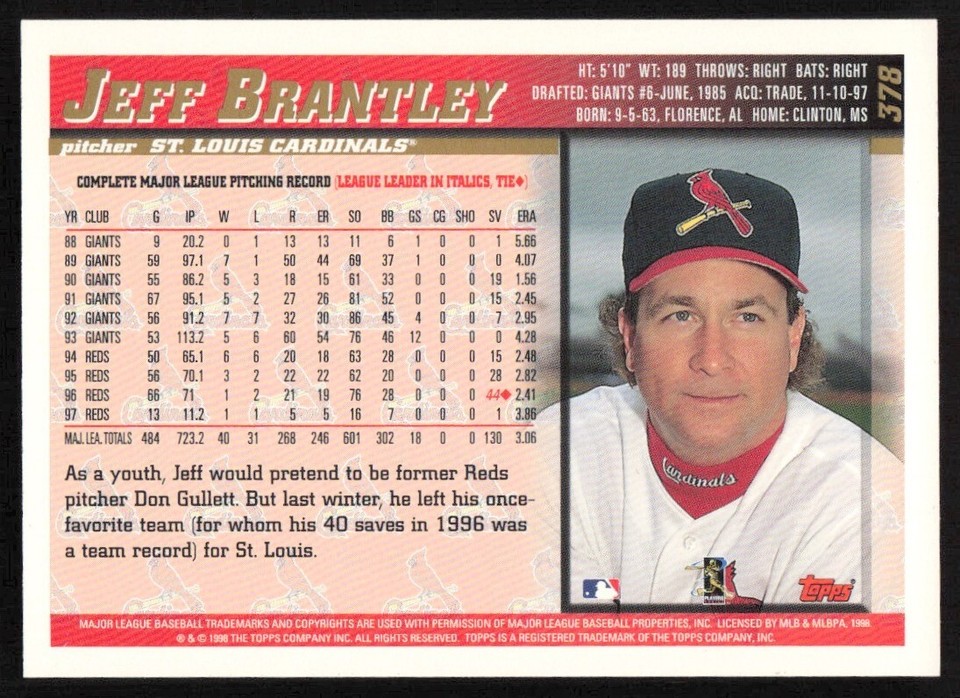 1998 Topps Baseball Jeff Brantley #378 St. Louis Cardinals | eBay