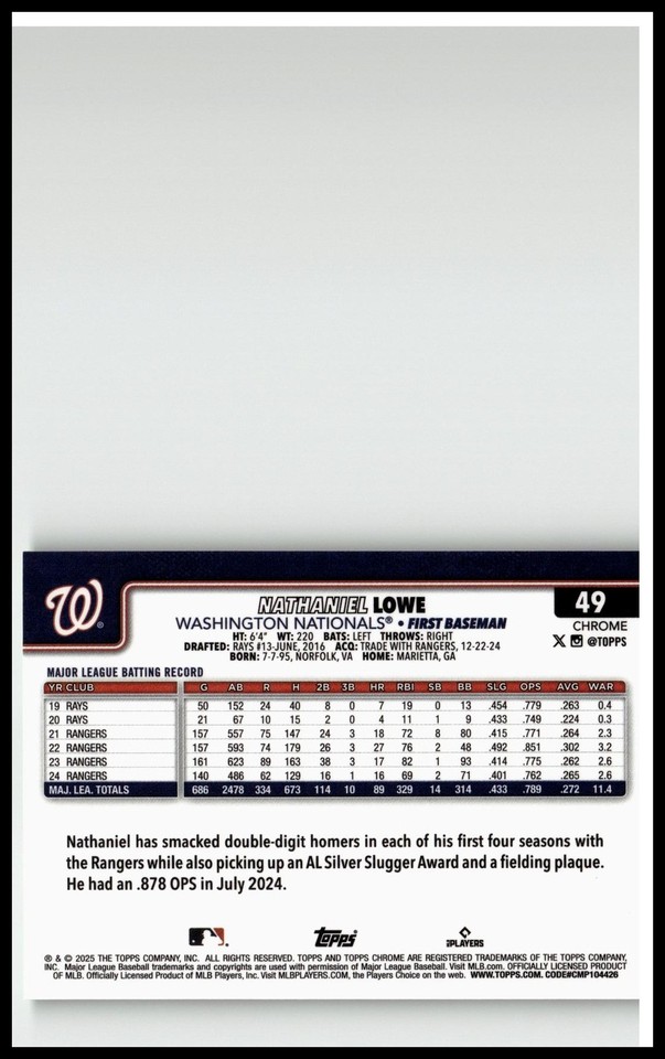 2025 Topps Chrome Green Raywave Refractor /99 Nathaniel Lowe Nationals ...