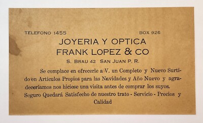VTG ADV. FLYER / JOYERIA OPTICA FRANK LOPEZ / SAN JUAN PUERTO RICO 1920 ...