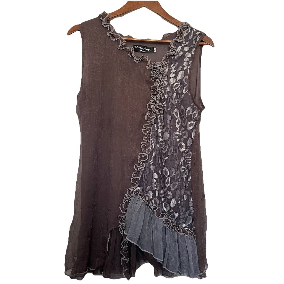 Pretty Angel Tunic Top Womens Sz L Ruffle Lace Mesh Hem Silk Grunge ...