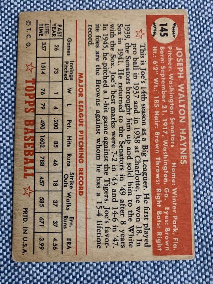 Joe HAYNES 1952 Topps Baseball #145 VG Corner Wear Washington Senators ...
