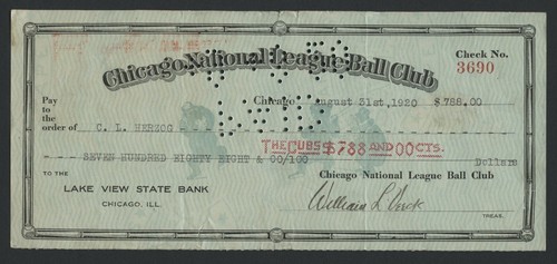 1920 BUCK HERZOG Signed Chicago Cubs Baseball Payroll Check RARE (D ...