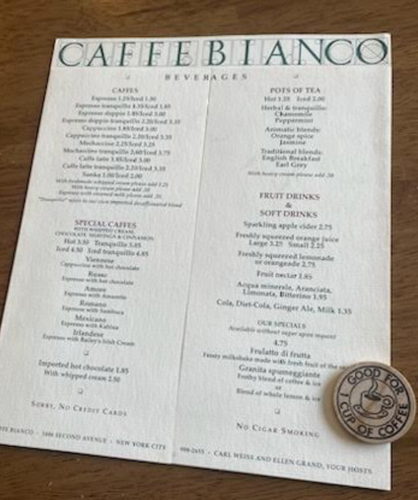 rare vintage CAFFE BIANCO menu NEW YORK CITY + wood drink token | eBay